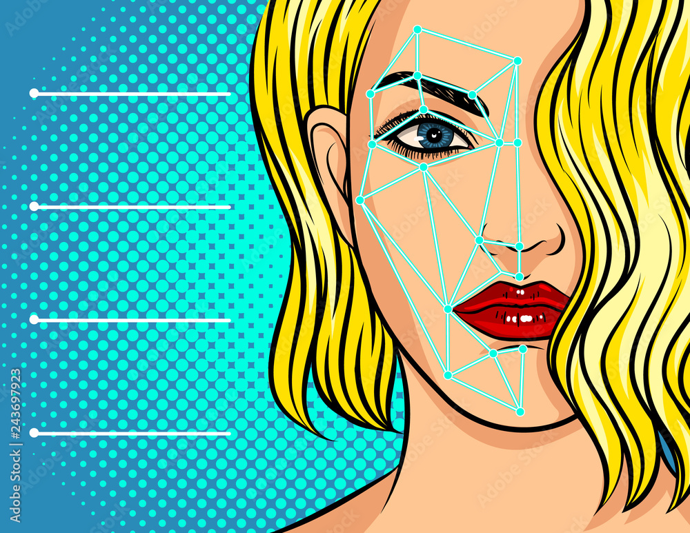Color vector illustration about face recognition. Computer scan of the ...