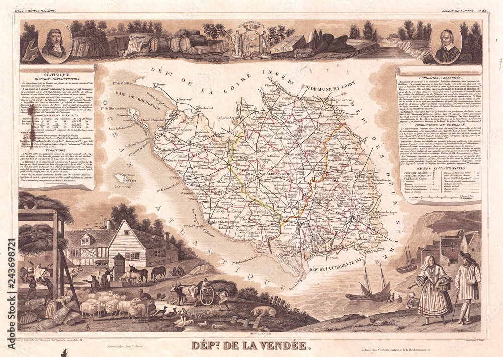 1852, Levasseur Map of the Department De La Vendee, France, Fiefs ...