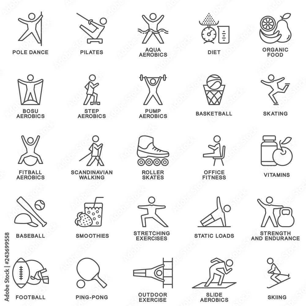 Icons fitness. Physical training combined with a diet to change the ...