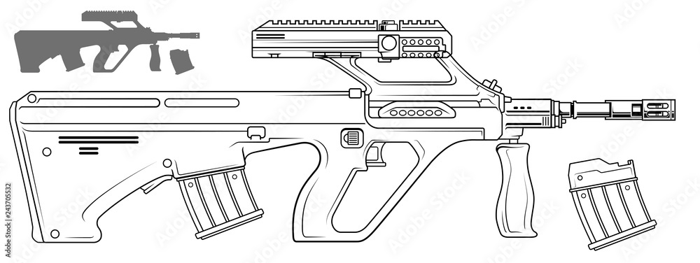 Graphic black and white detailed modern automatic bullpup rifle with ...