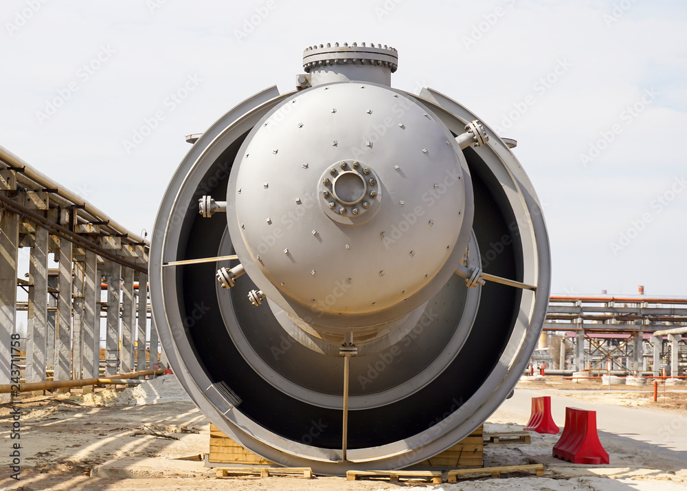Part of the technological column at the refinery for the production of ...