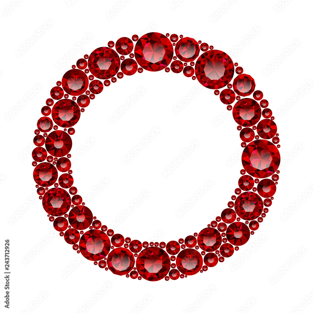 Round frame made of realistic red rubies with complex cuts isolated on ...