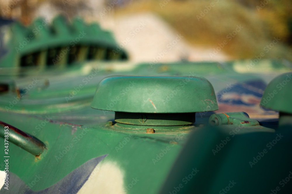 Damaged body of a military armored infantry. Outdoor military vehicles ...