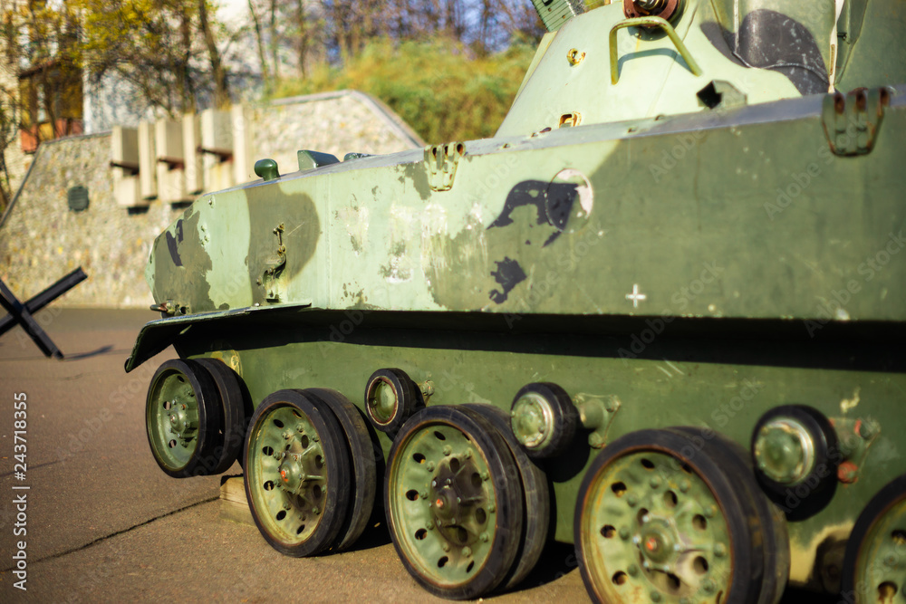 Damaged body of a military armored infantry. Parts of wheelbase vehicle ...