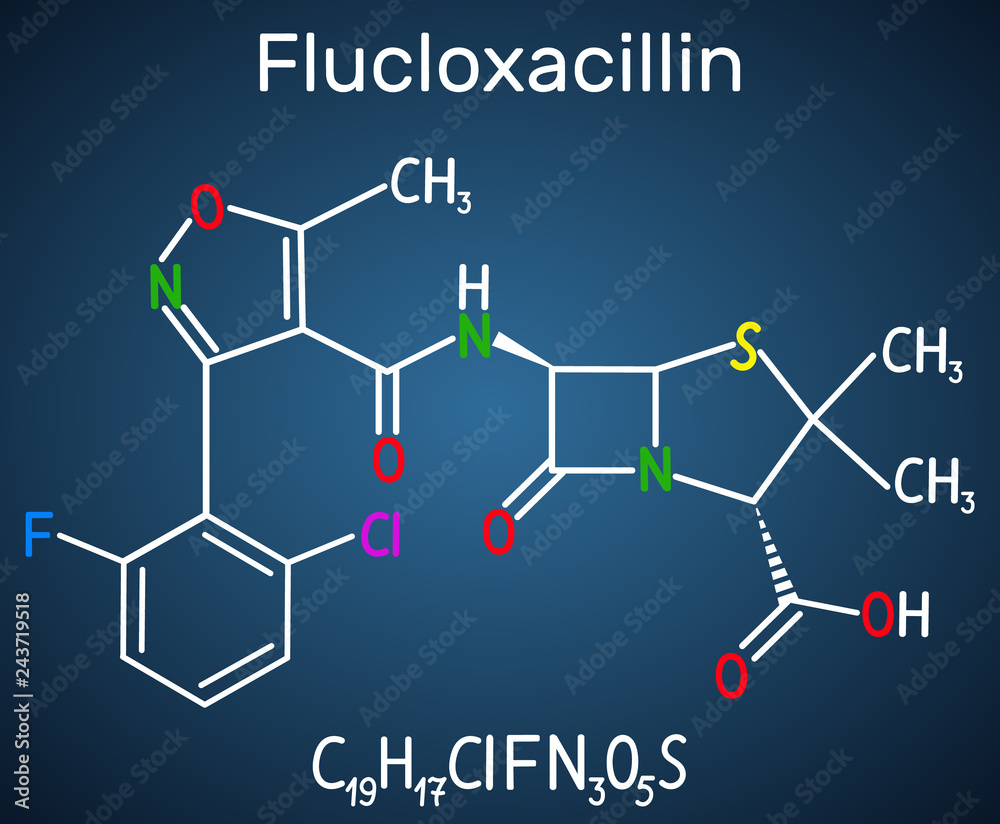 Flucloxacillin (floxacillin) molecule. It is beta-lactam antibiotic of ...