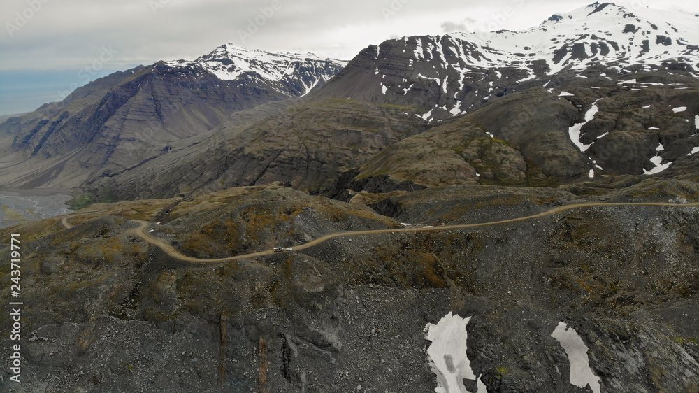 Aerial view of mountain road F985 leading to Joklasel and the ...