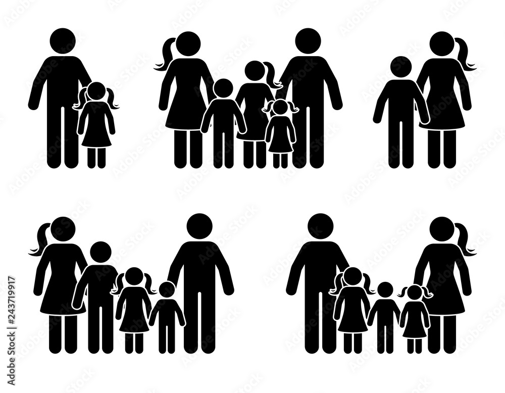 Stick figure parents and children icon set. Big happy family black ...