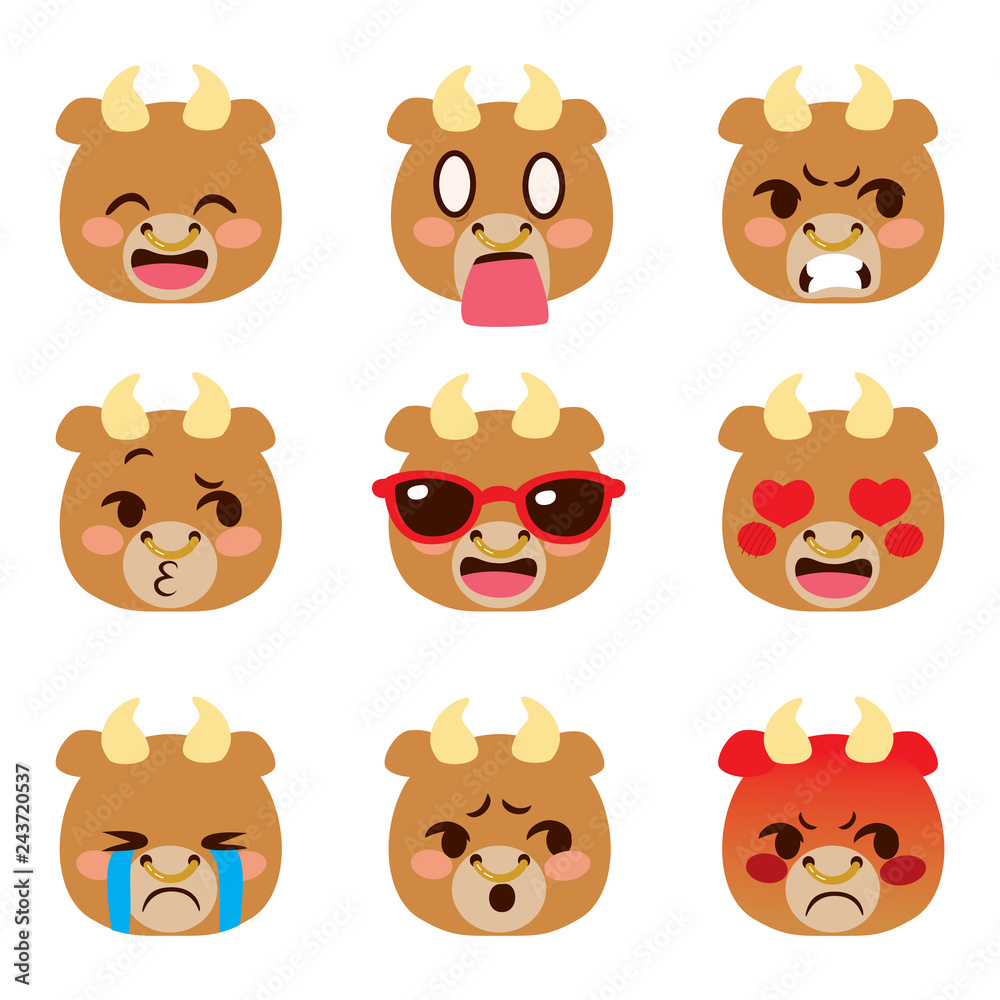 Cute buffalo character avatar emoji face expressions with different ...