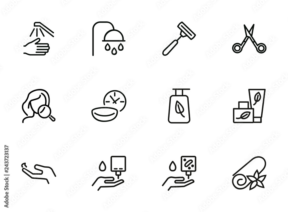Self care line icon set. Shower, scissors, cream. Beauty care concept ...