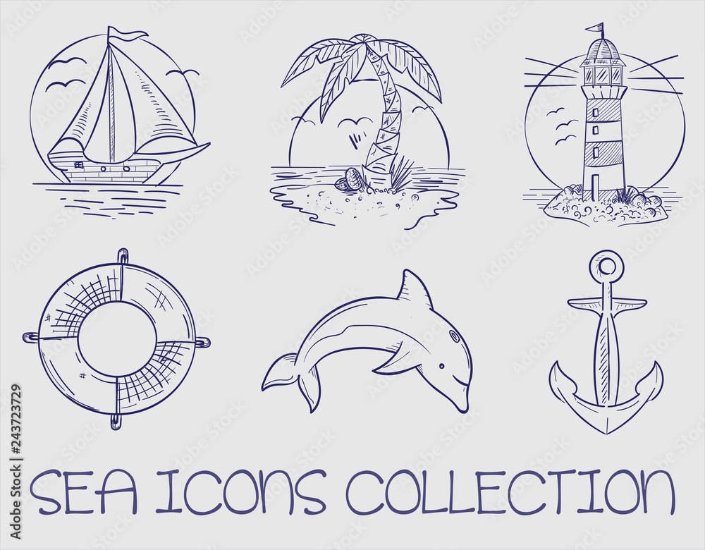 Ocean sea icon collection drawing icons Stock Illustration | Adobe Stock