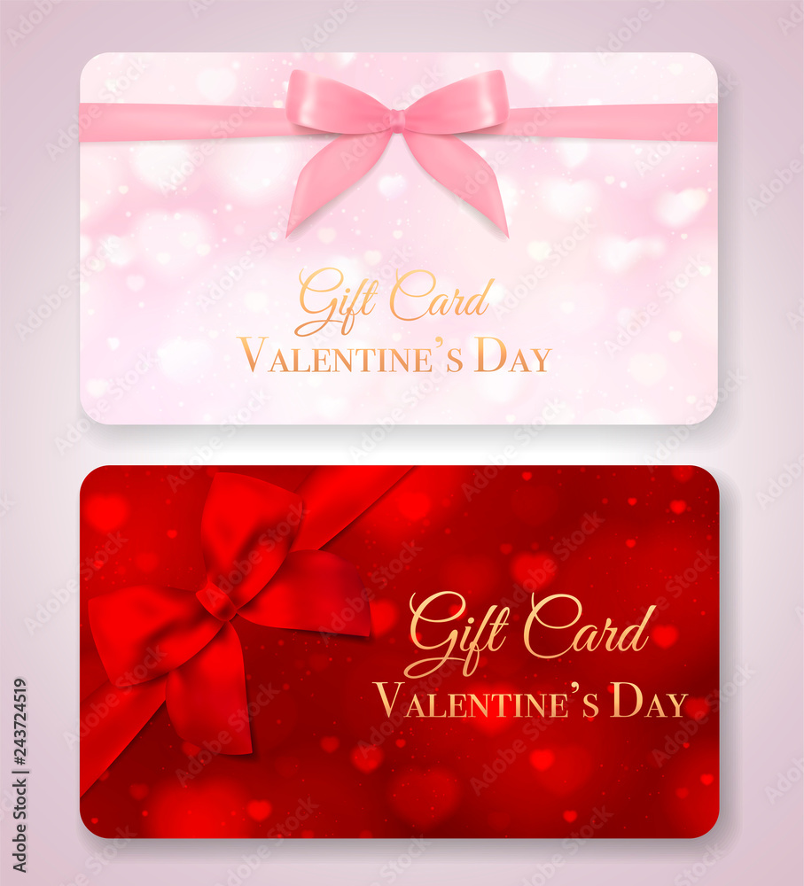 Gift card with red hearts on background and bow, pink ribbon. Maroon ...