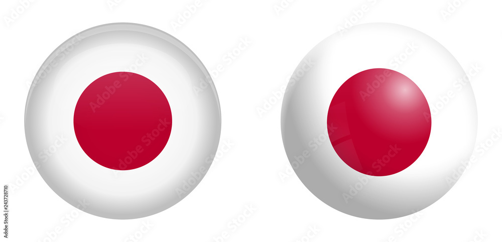 Japan flag under 3d dome button and on glossy sphere / ball. Stock ...