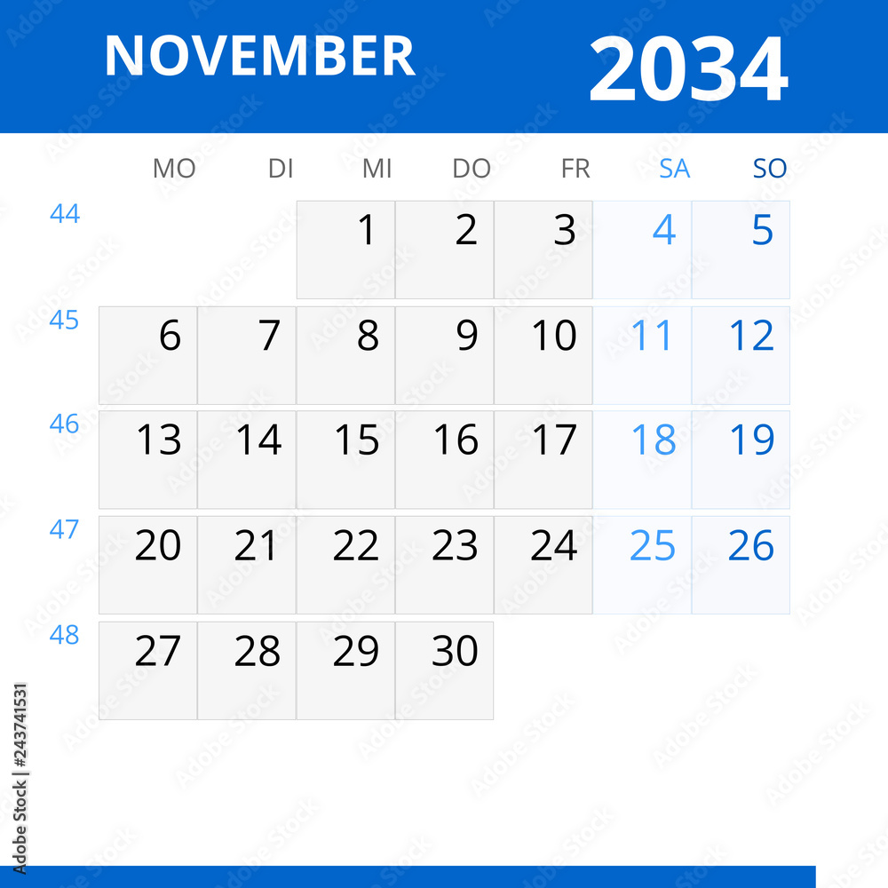 Monatskalender NOVEMBER 2034 mit Kalenderwoche in der Farbe blau Stock ...