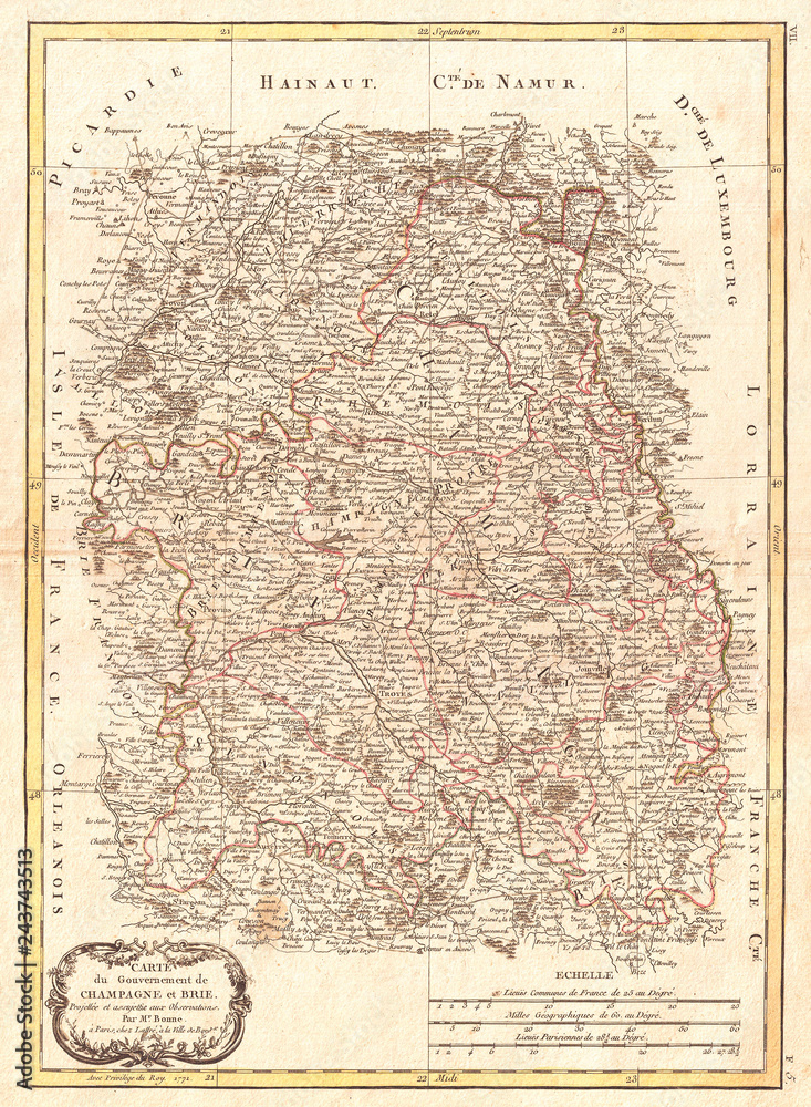 1771, Bonne Map of Brie and Champagne, France, Rigobert Bonne 1727 ...