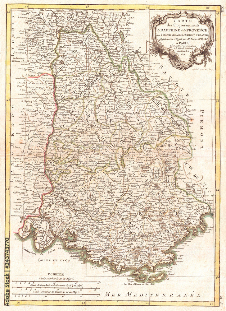 1771, Bonne Map of Dauphine and Provence, France, Rigobert Bonne 1727 ...