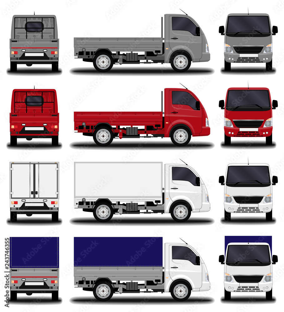 realistic trucks set. front view; side view; back view. Stock Vector ...