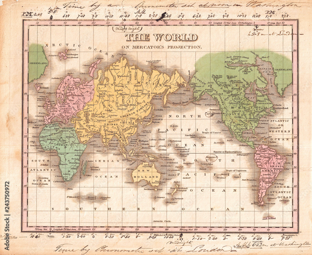 1827, Finley Map of the World on Mercator's Projection, Anthony Finley ...