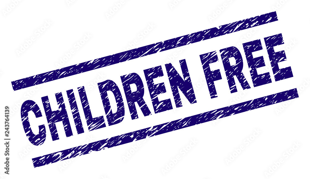 CHILDREN FREE seal print with scratced style. Blue vector rubber print ...