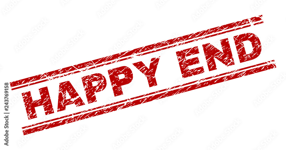 HAPPY END seal print with corroded texture. Red vector rubber print of ...