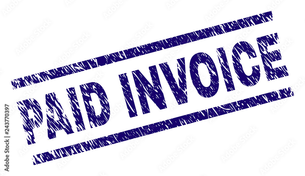 PAID INVOICE seal print with scratced style. Blue vector rubber print ...