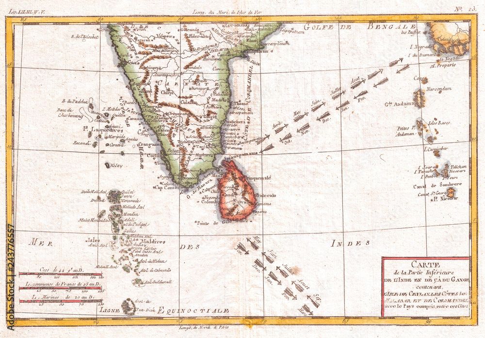 1780, Raynal and Bonne Map of Southern India, Rigobert Bonne 1727 ...