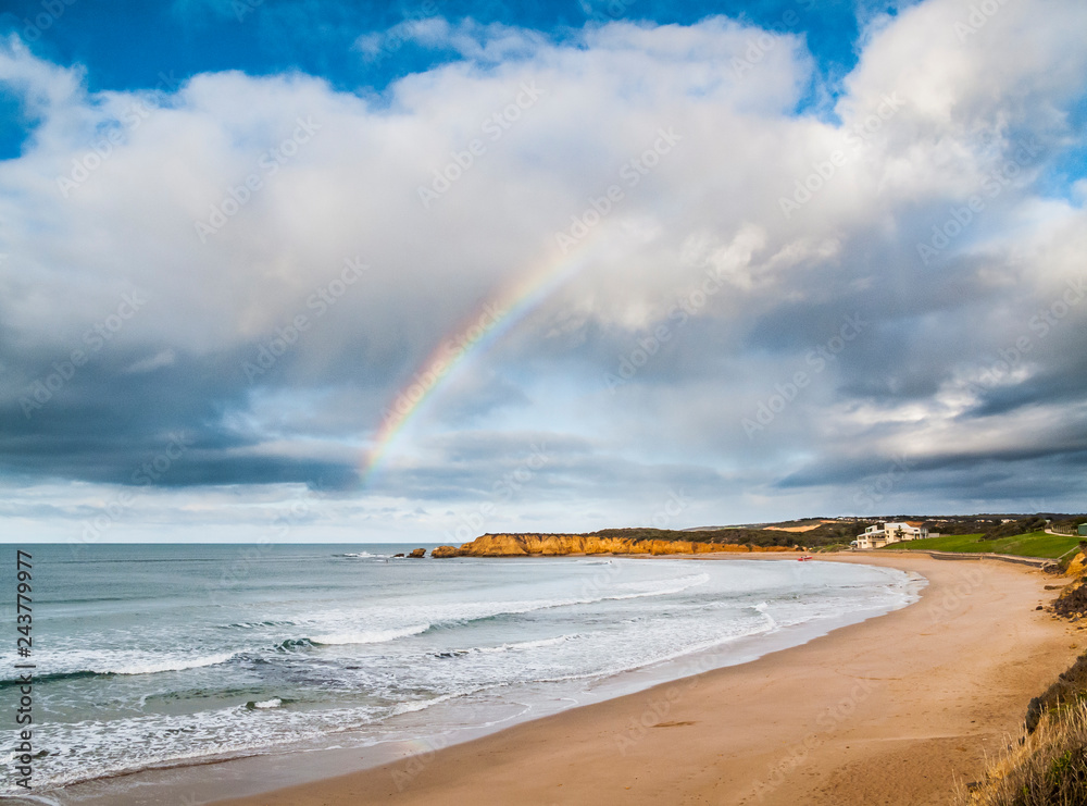 Rainbow over Torquay Back Beach, with Torquay Surf Lifesaving Club and ...