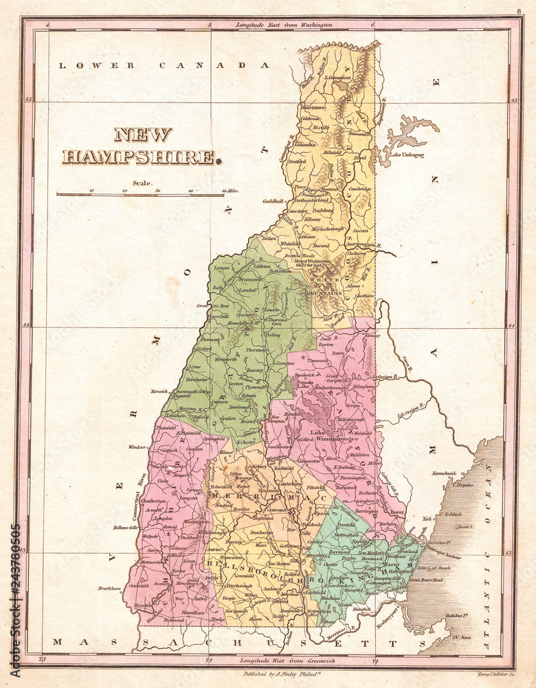 Poster 1827, Finley Map of New Hampshire, Anthony Finley mapmaker of ...