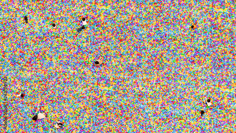 top aerial view of plastic balls pool with family childs and kids ...