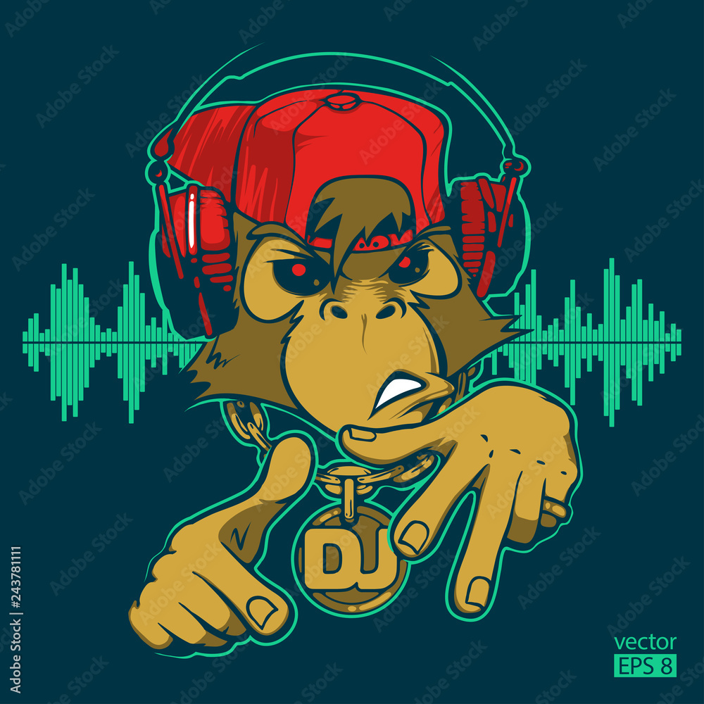 Monkey rapper. Monkey DJ. Hand drawn vector illustration. Can be used ...