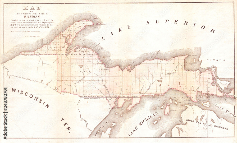 1849, Land Survey Map of Michigan Upper Peninsula Stock-Illustration ...