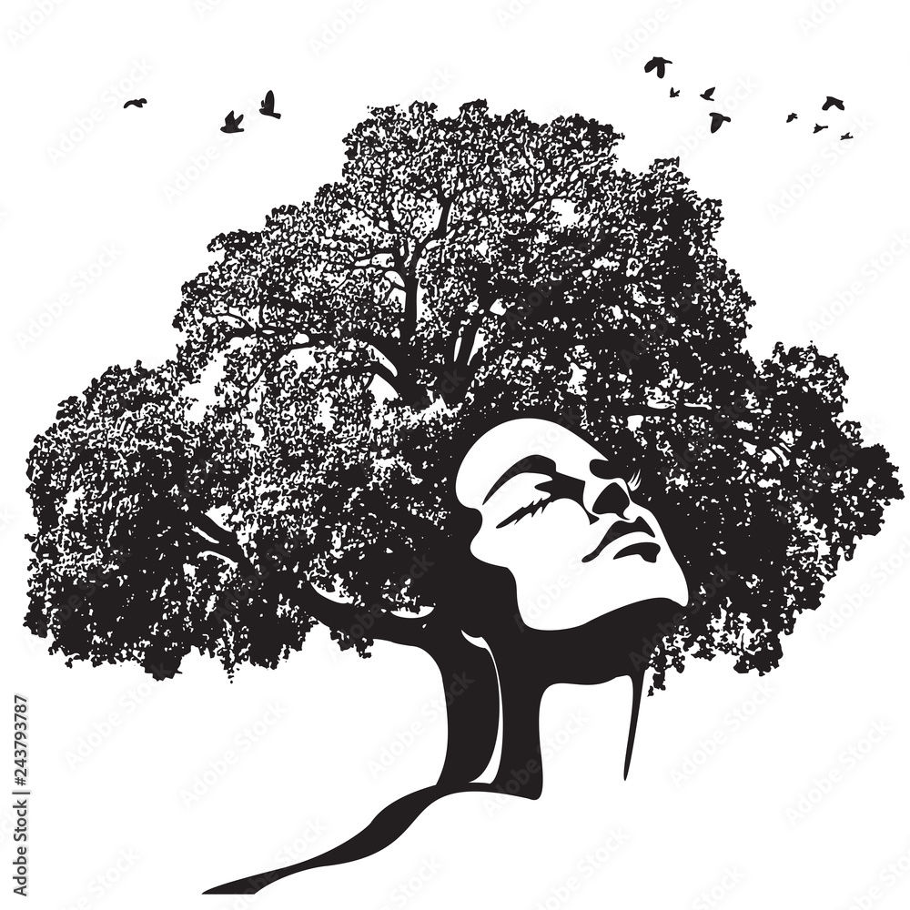 Woman face and tree silhouette - vector illustration. Double exposure ...