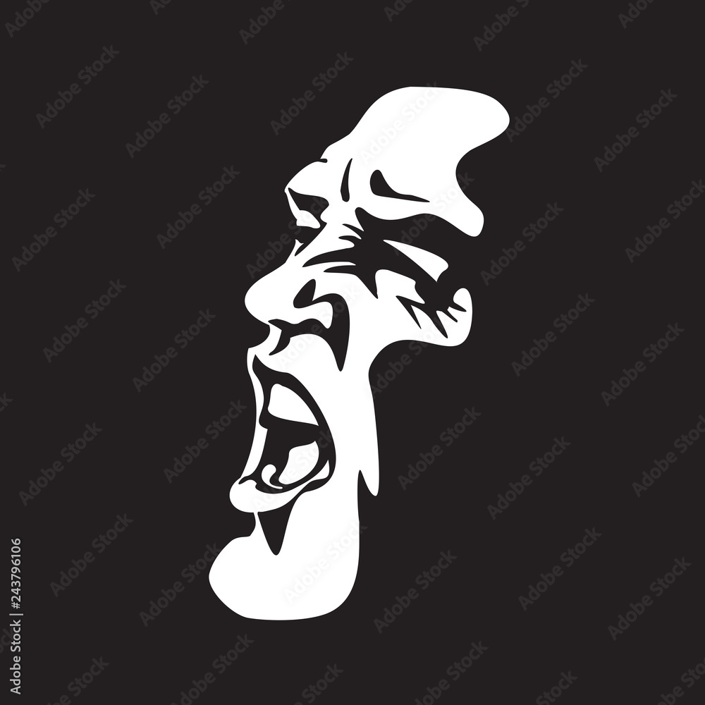 Screaming face shout in black and white vector graphics. Emotional ...