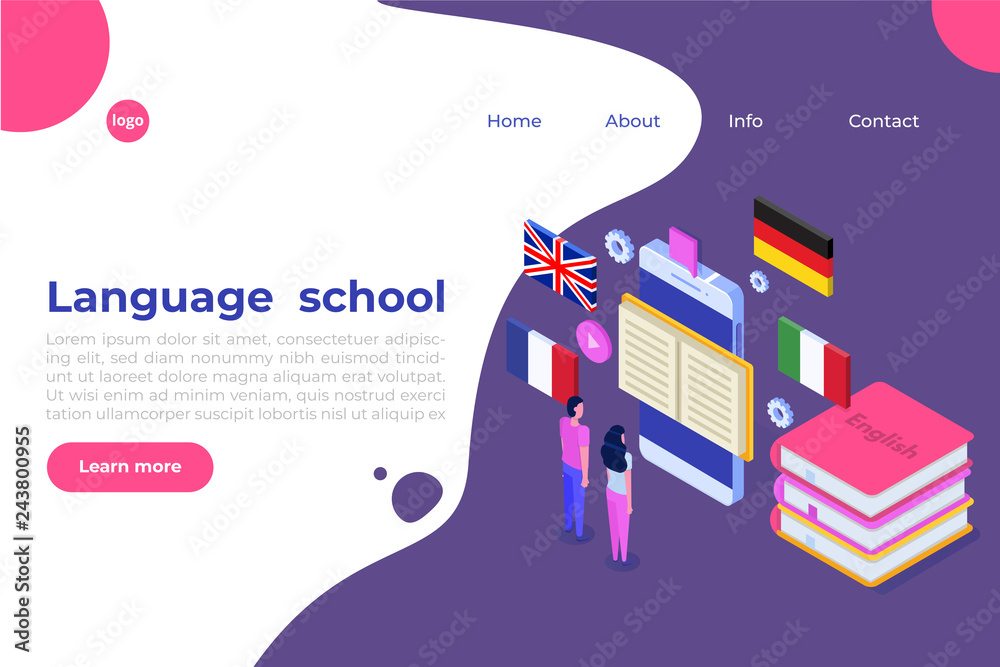 Language school, online learning. translator isometric vector ...