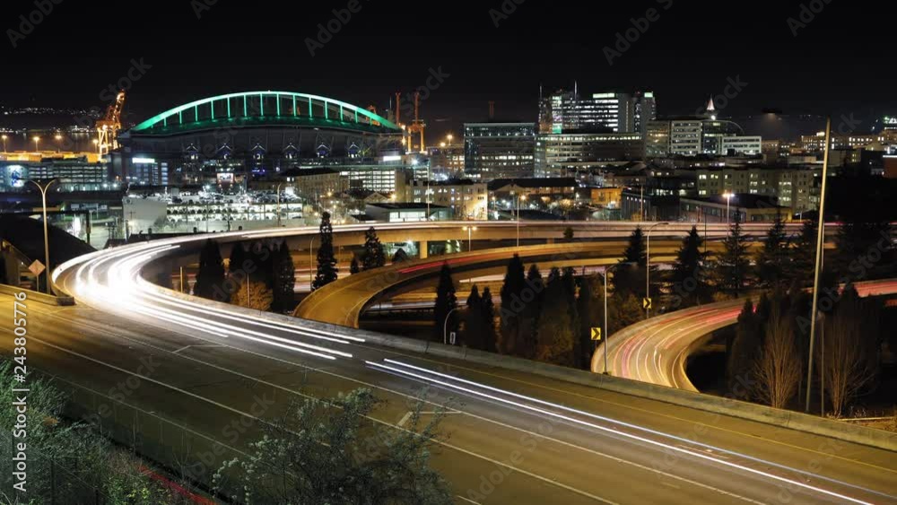 Jose Rizal Bridge View of Seattle Freeway at Night with Lit Sports ...