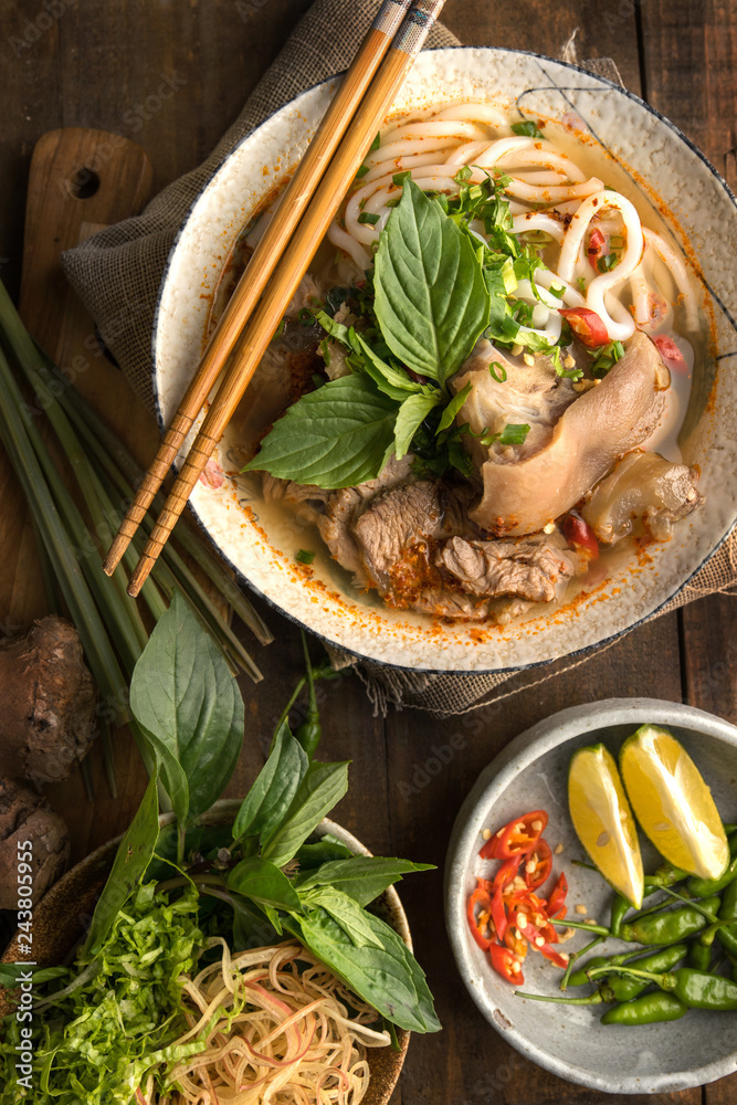 Bun Bo Hue, Bun Bo, Vietnamese beef noodle soup spicy. A bowl of beef ...