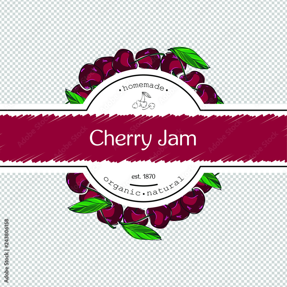 Hand-drawing cherry jam packing label design. Cherry logo design ...