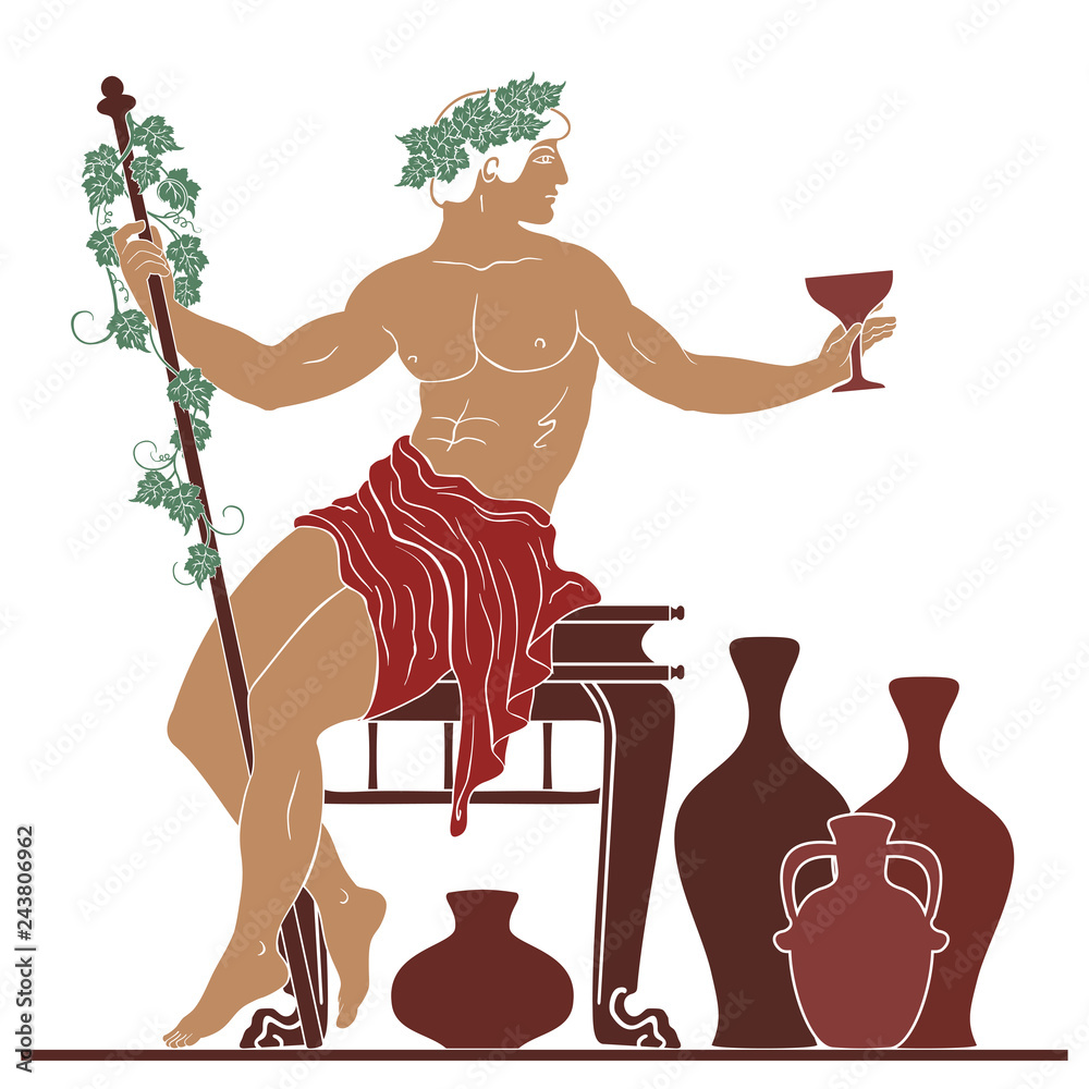 The ancient Greek god Dionysus with a glass and a rod sits near the ...
