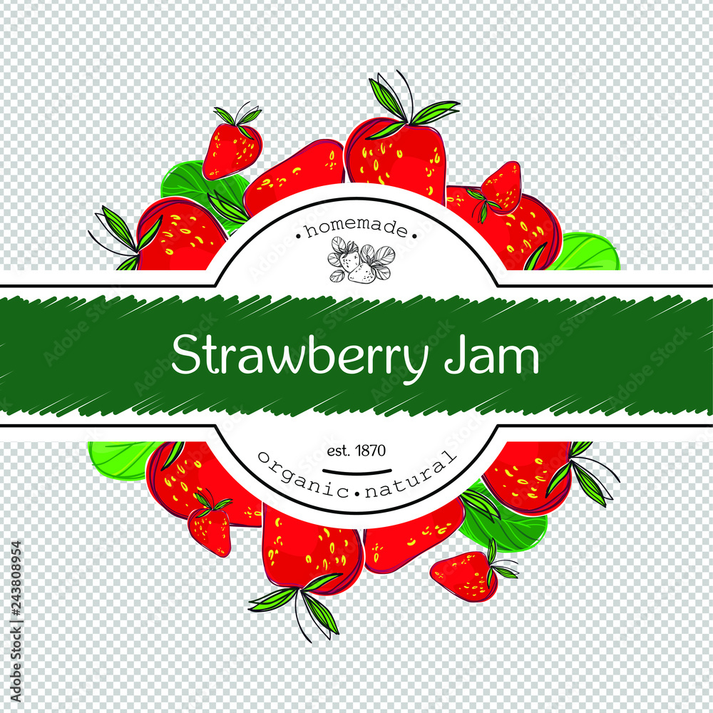 Hand-drawing strawberry jam packing label design. Strawberry logo ...