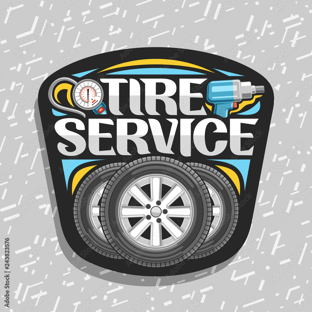 Vector logo for Tire Service, black signboard with 3 tires on alloy ...