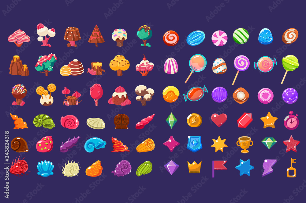 Colorful jelly glossy figures of different shapes, sweet candy land ...