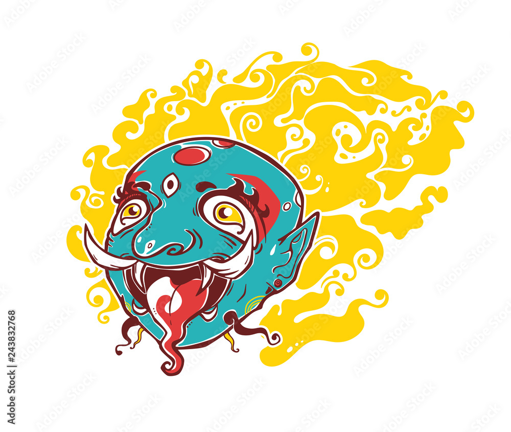 Chinese style demon. Fantasy character. The face of god with fire and ...