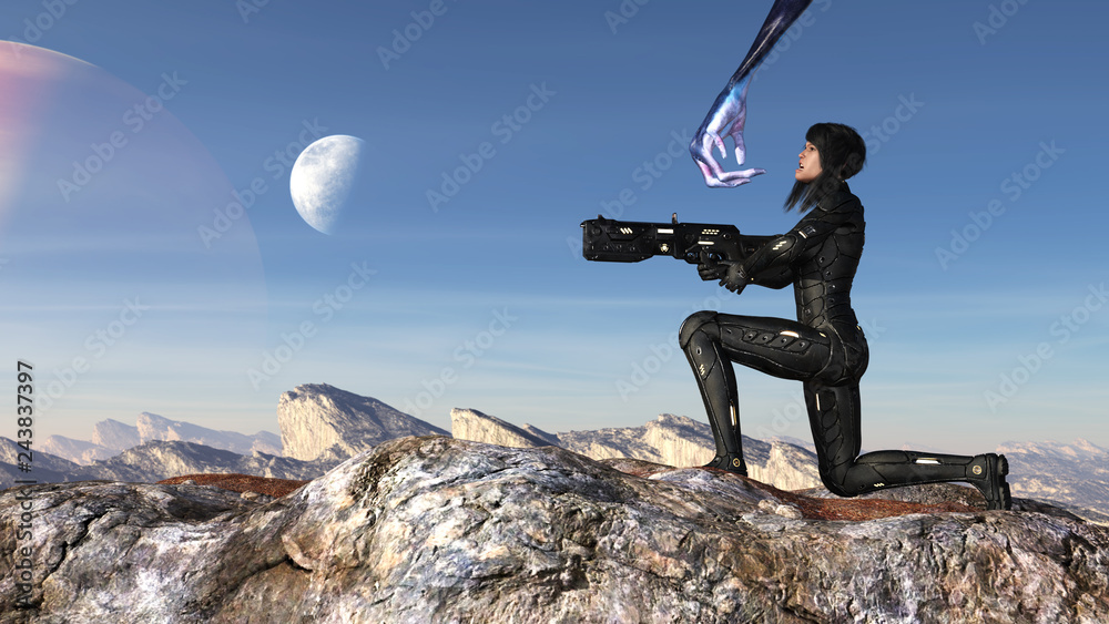 Illustration of a futuristic female soldier kneeling in terror as an ...