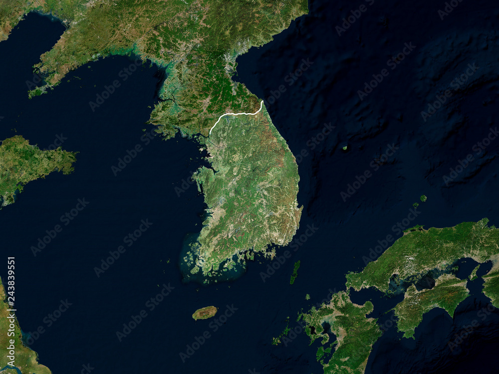 Satellite image of South Korea with borders (Isolated imagery of South ...