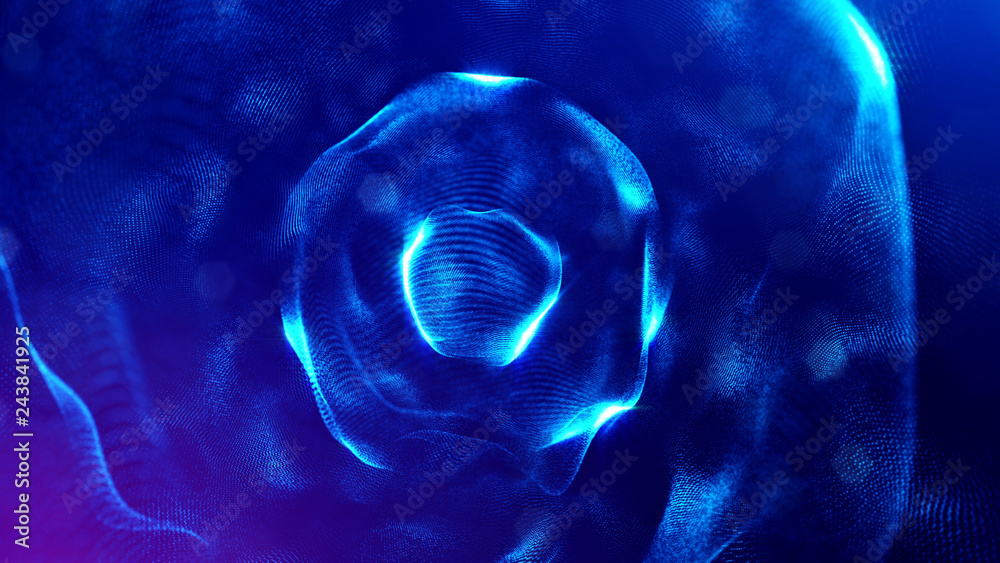 Particles form line and surface grid. 3d rendering. Science fiction ...