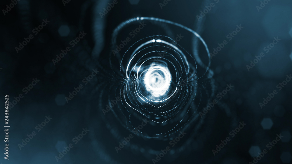 Particles form line and surface grid. 3d rendering. Science fiction ...