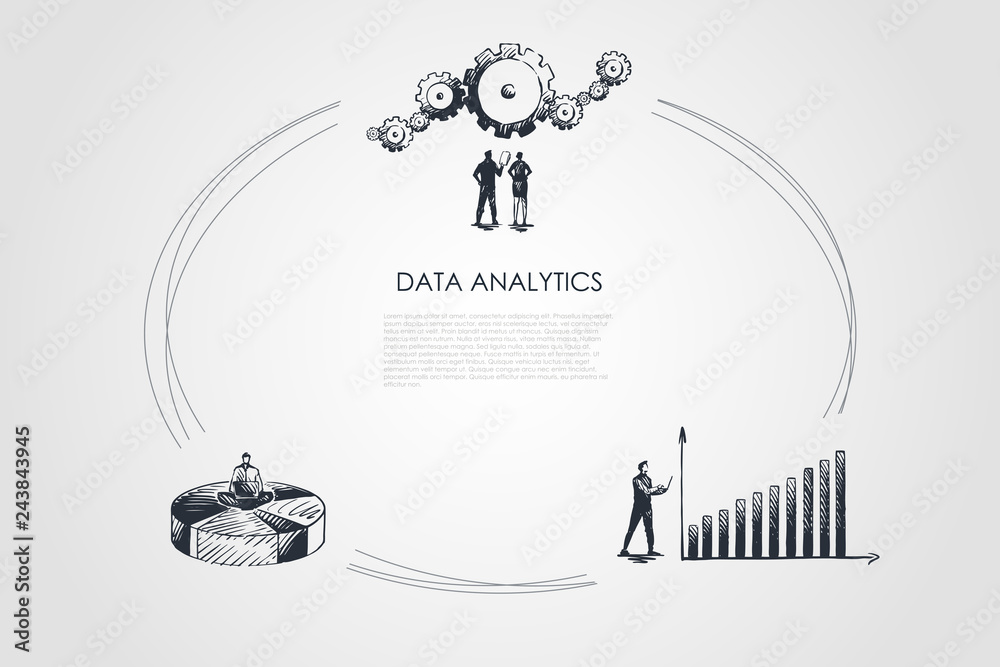Data analytics - business people looking at data schedule and gear and ...