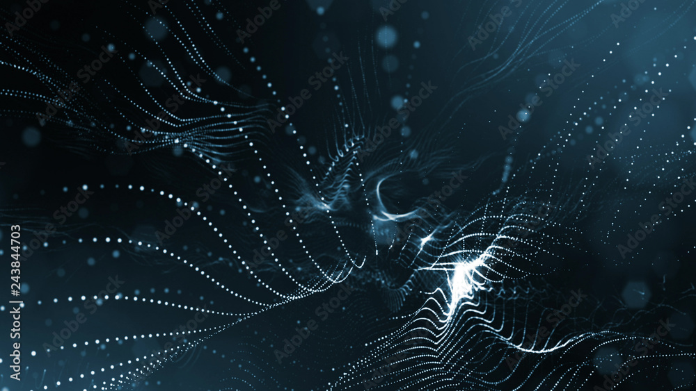 Particles form line and surface grid. 3d rendering. Science fiction ...