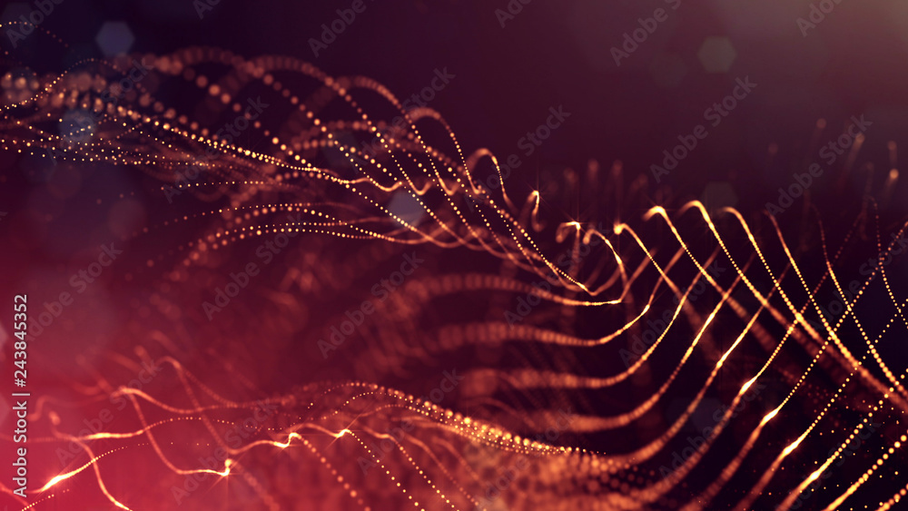 Particles form line and surface grid. 3d rendering. Science fiction ...