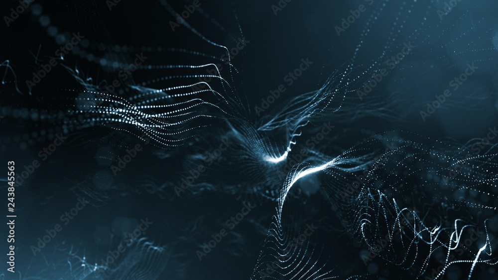 Particles form line and surface grid. 3d rendering. Science fiction ...