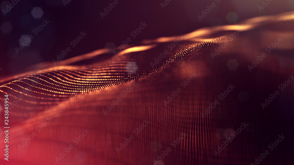 Particles form line and surface grid. 3d rendering. Science fiction ...